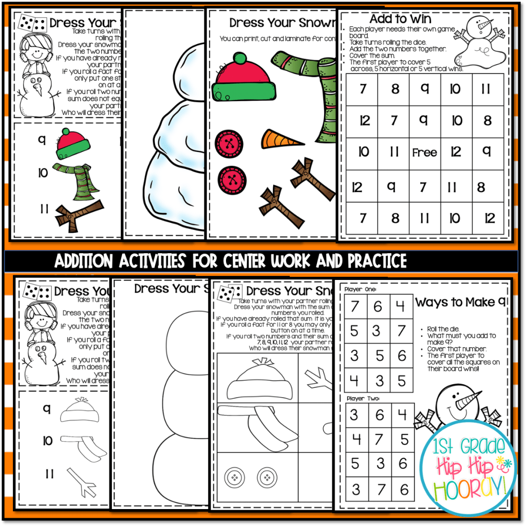 Snowman Math for Facts from 9 to 12 with Centers, Games and Activities